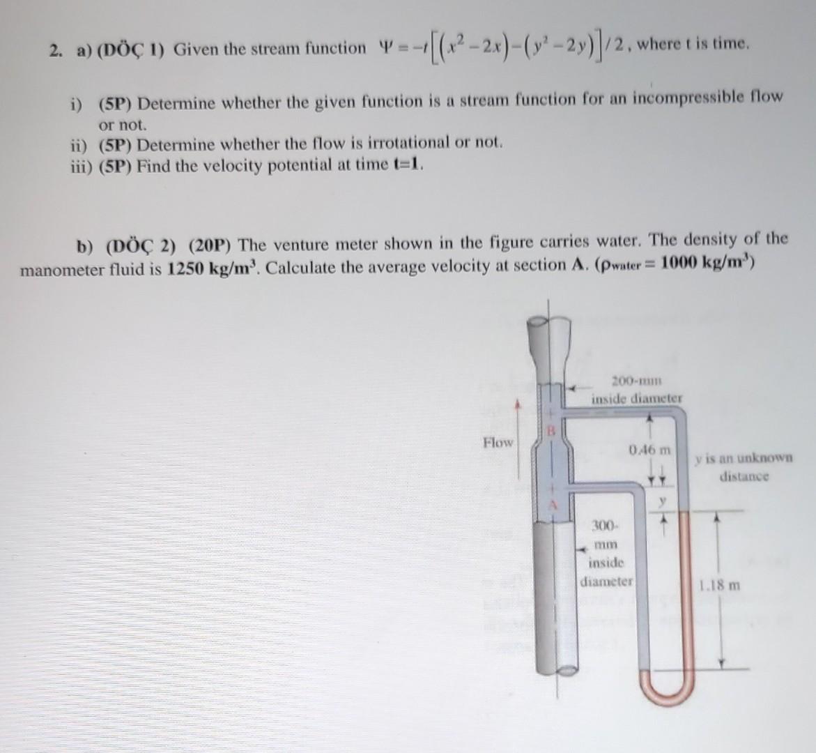 Solved 2. a) (DÖC 1) Given the stream function | Chegg.com