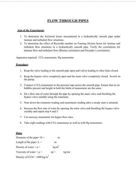 Solved FLOW THROUGH PIPES Aim of the Experiment: 1. To | Chegg.com