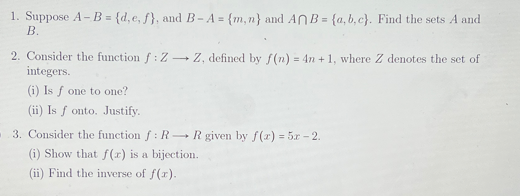 Solved Suppose A-B={d,e,f}, ﻿and B-A={m,n} ﻿and A∩B={a,b,c}. | Chegg.com