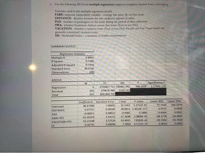 Solved 6. Use the following MS Excel multiple regression | Chegg.com
