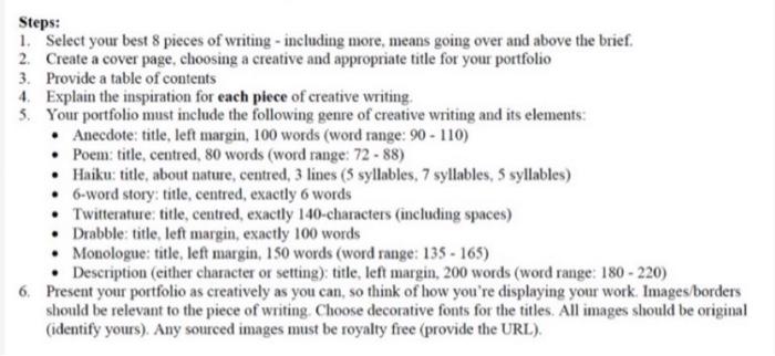 Steps: 1. Select your best 8 pieces of writing - | Chegg.com