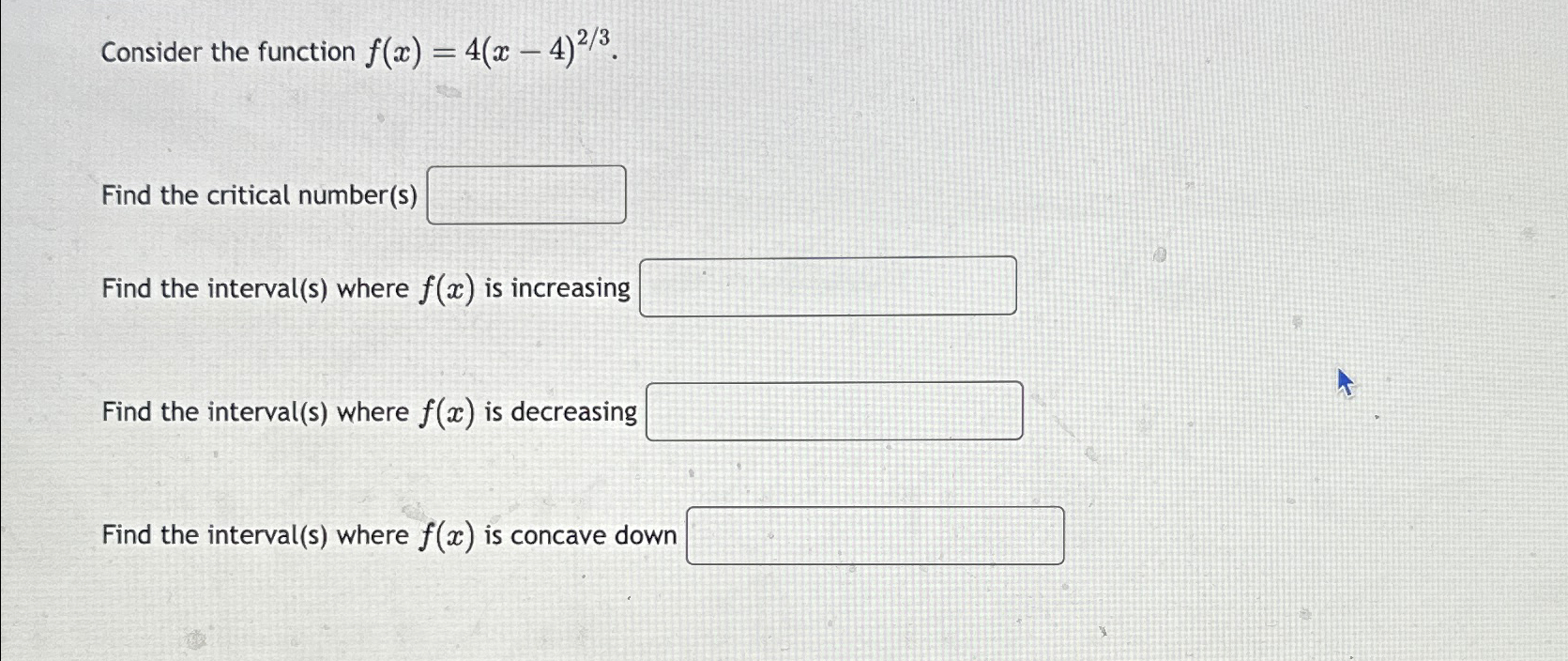 Solved Consider the function f(x)=4(x-4)23.Find the critical | Chegg.com