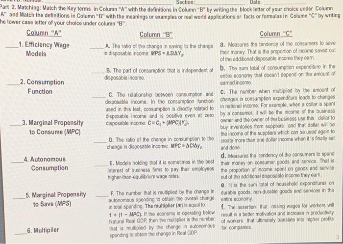 Solved Section: Part 2. Matching: Match the Key terms in | Chegg.com