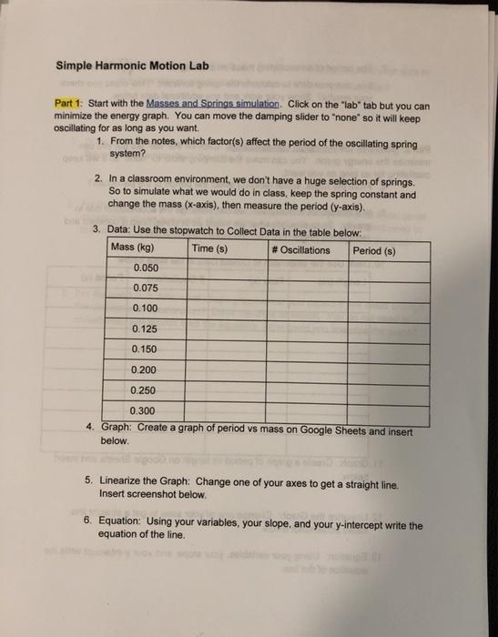 Solved Simple Harmonic Motion Lab Part 1: Start with the | Chegg.com
