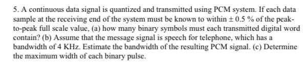 Solved 5. A continuous data signal is quantized and | Chegg.com