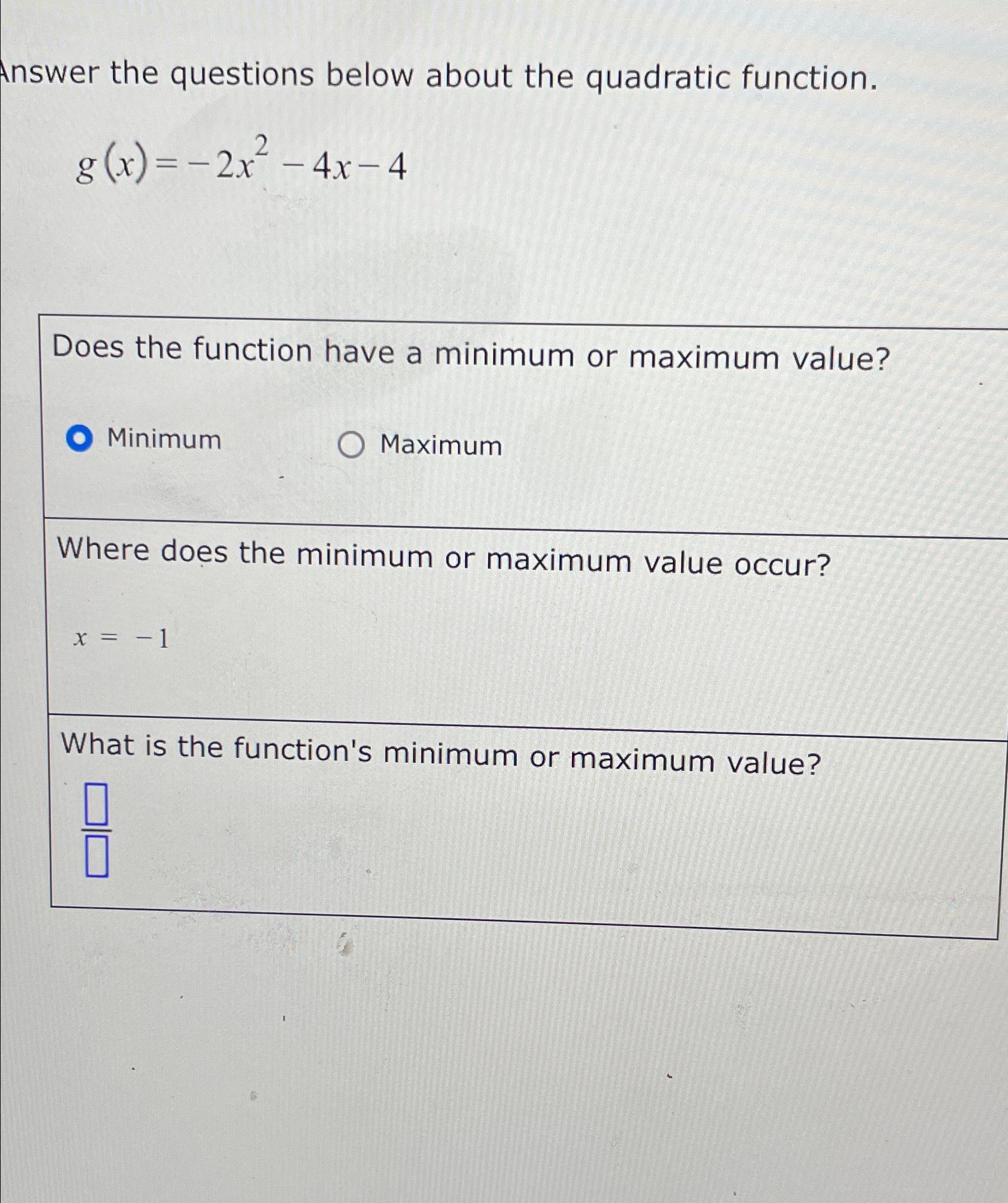 Solved Answer the questions below about the quadratic | Chegg.com