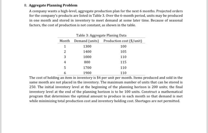 Solved 8. Aggregate Planning Problem A company wants a | Chegg.com