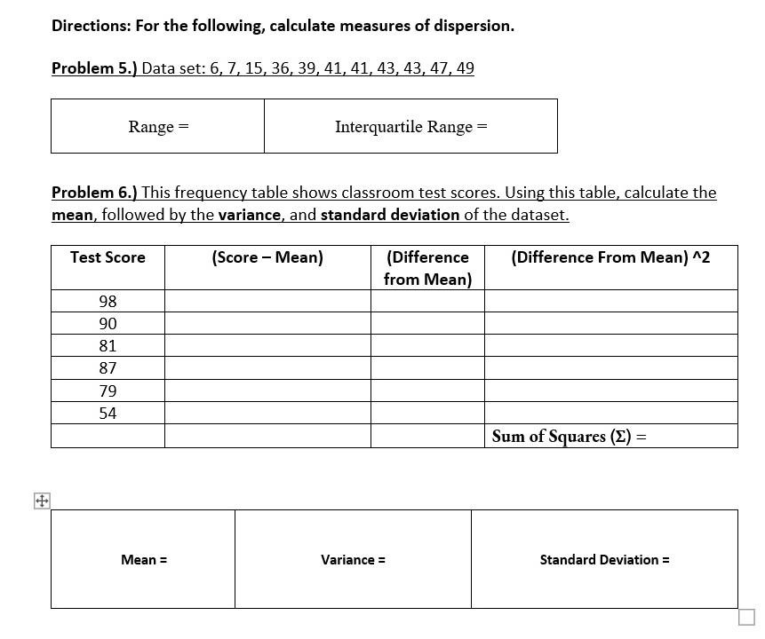 Solved Directions: For the following, calculate measures of | Chegg.com