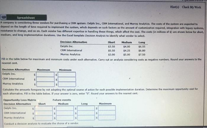 Solved Hint(s) Check My Work Spreadsheet A company is | Chegg.com
