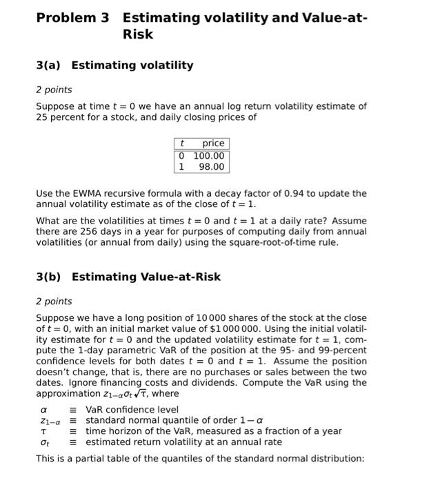 Solved Problem 3 Estimating volatility and Value-at- Risk | Chegg.com