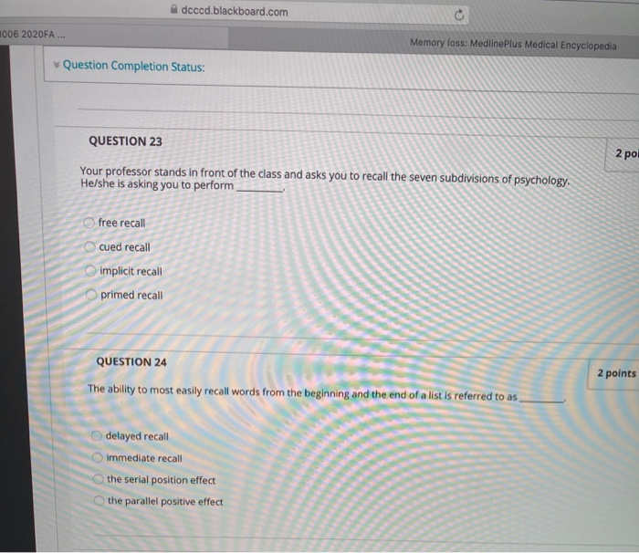 Solved dcccd.blackboard.com 1006 2020FA... Memory loss: | Chegg.com