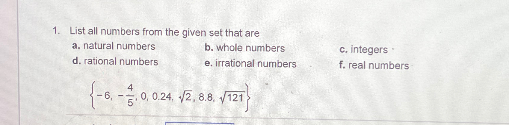 Solved List all numbers from the given set that area. | Chegg.com