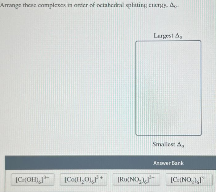 Solved Arrange these complexes in order of octahedral | Chegg.com