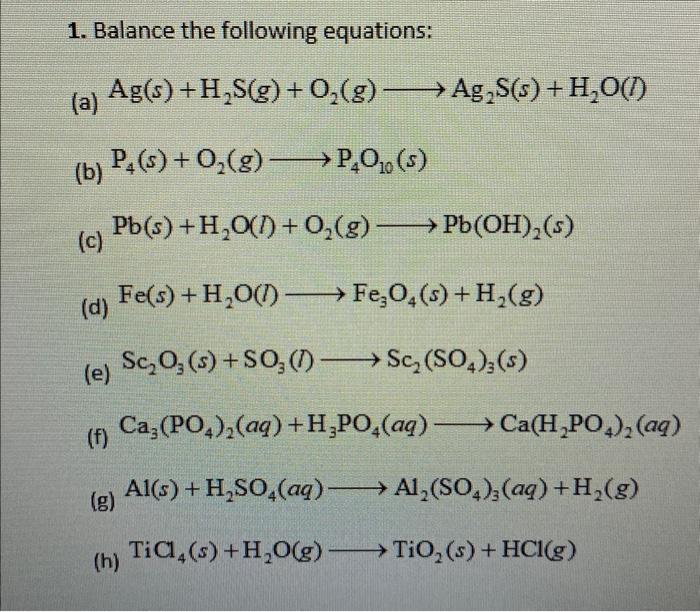 Solved 1. Balance the following equations: (a) Ag(s)+H2 | Chegg.com
