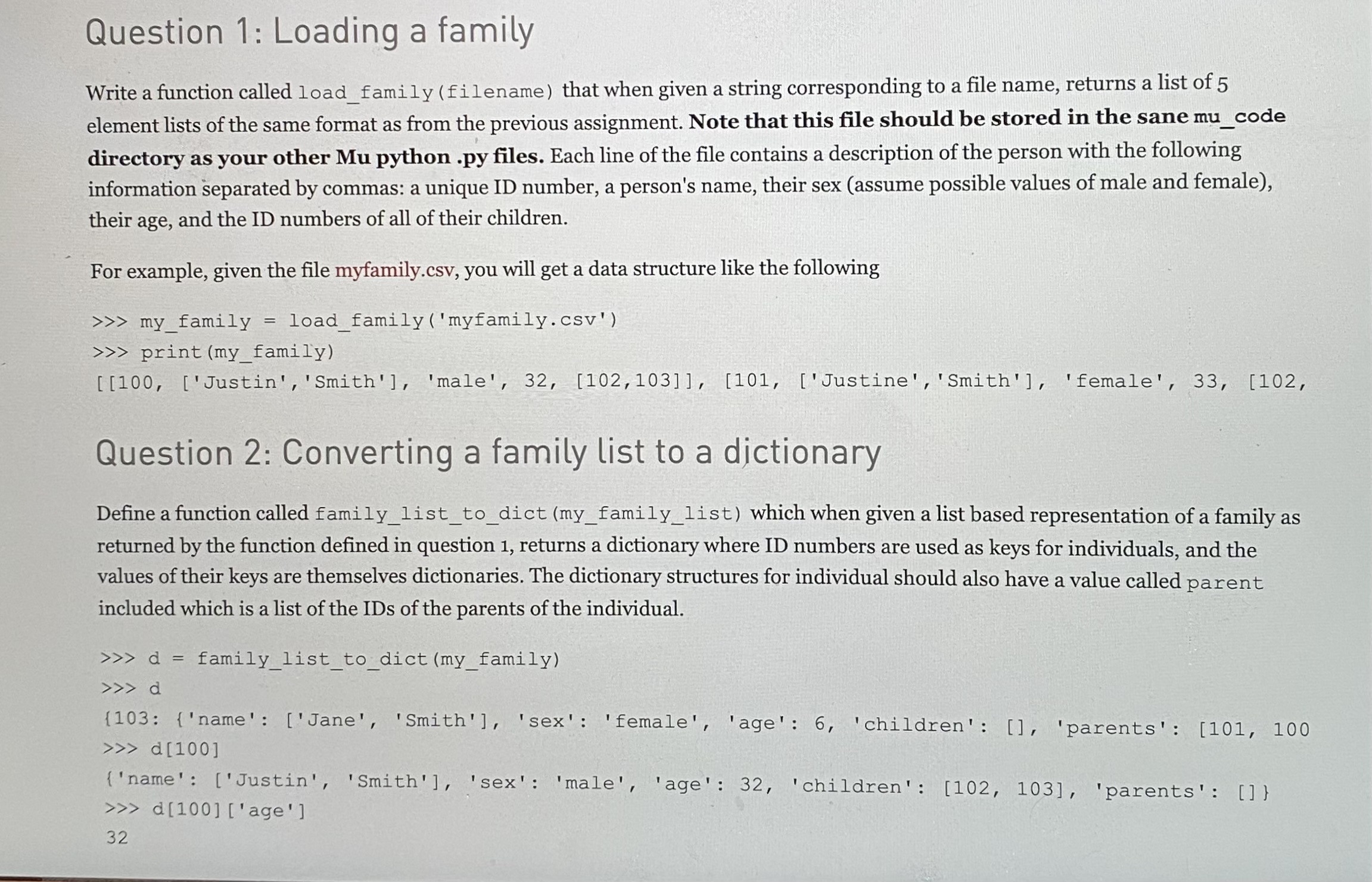 Solved Question 1: Loading a familyWrite a function called | Chegg.com