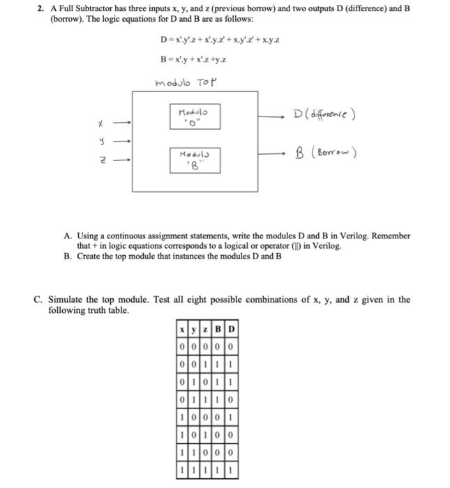Solved 2. A Full Subtractor has three inputs x,y, and z | Chegg.com