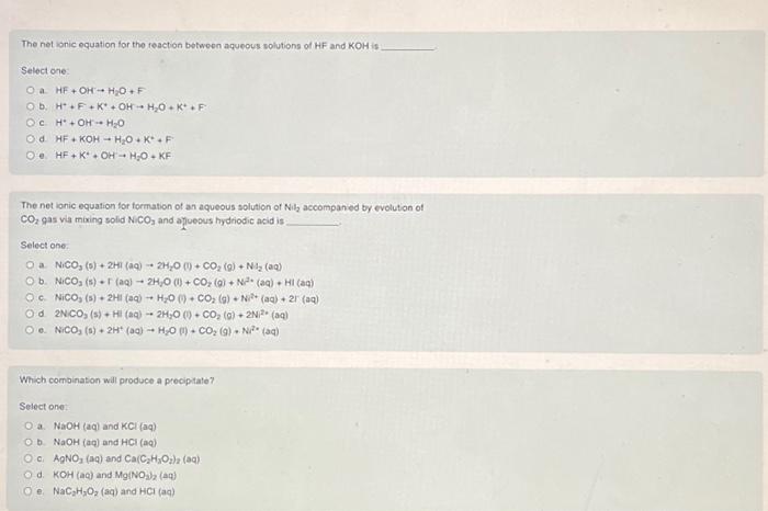 Solved The net ionic equation for the reaction between | Chegg.com