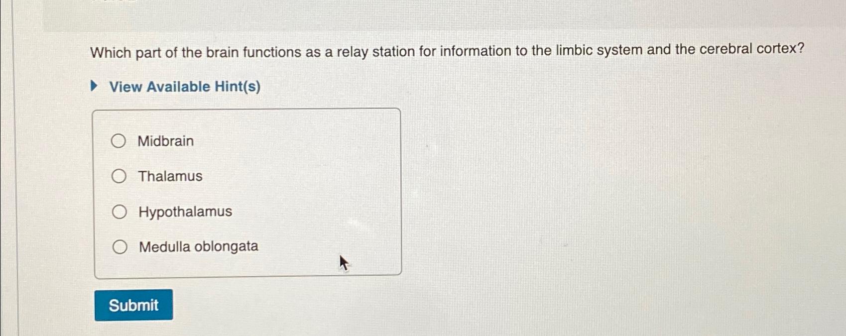 Solved Which part of the brain functions as a relay station | Chegg.com