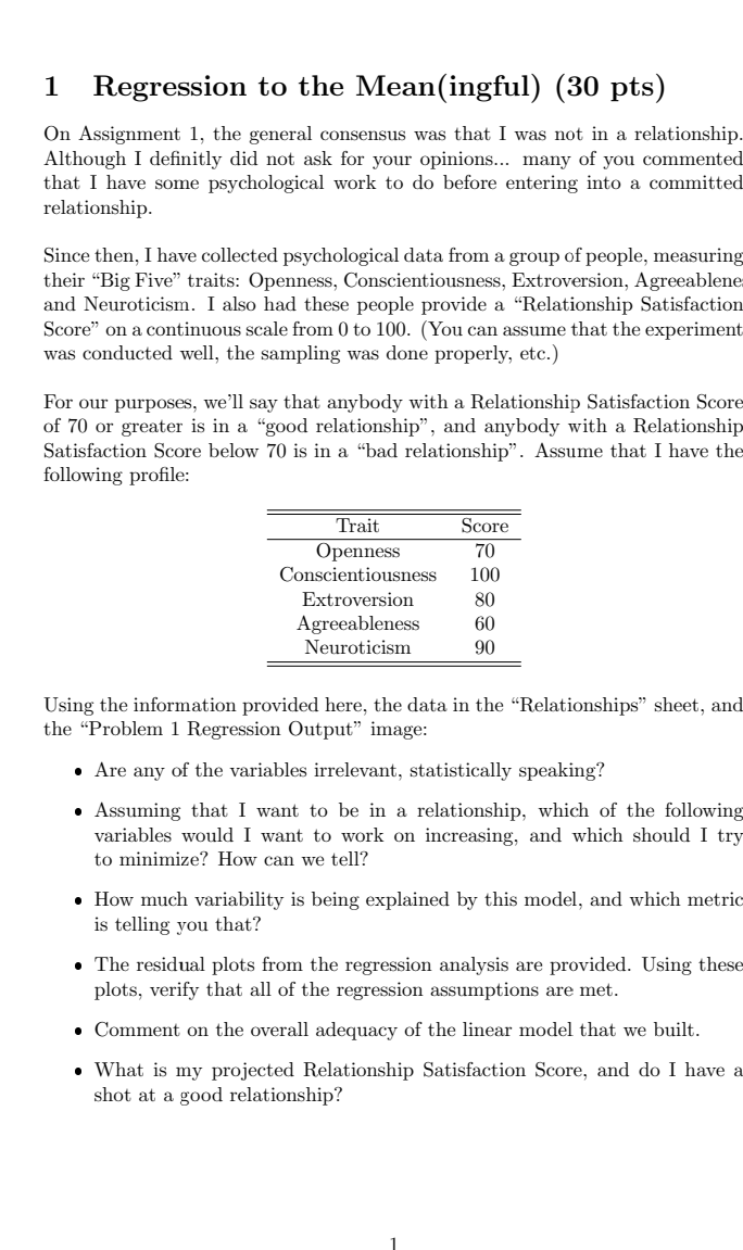 Solved 1 Regression to the Mean(ingful) (30 pts) On | Chegg.com