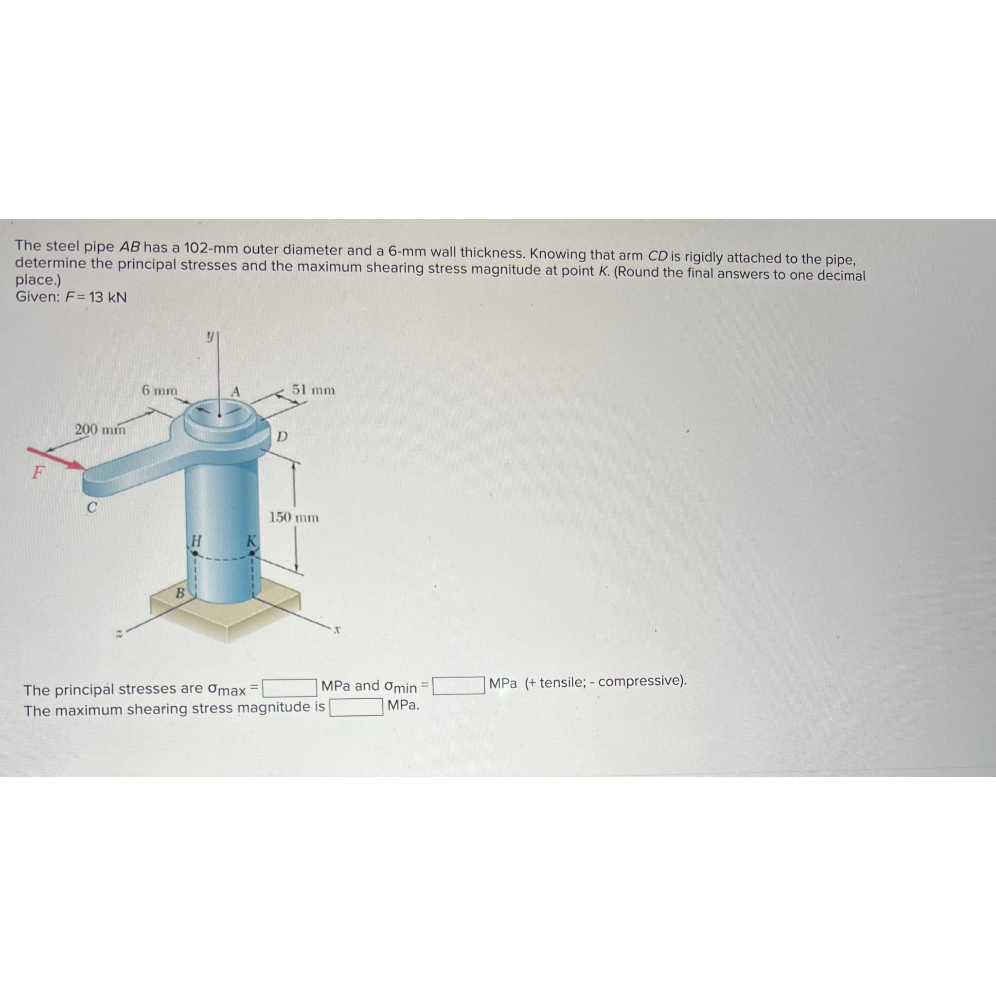 Solved The steel pipe AB ﻿has a 102-mm ﻿outer diameter and a | Chegg.com