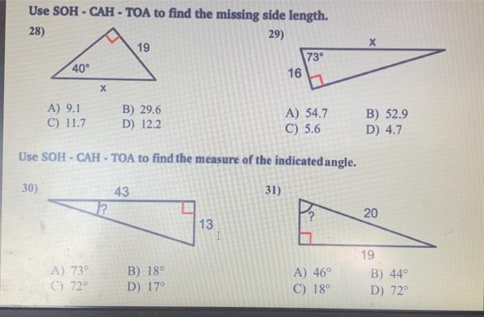 Solved Use SOH - CAH-TOA to find the missing side length. | Chegg.com