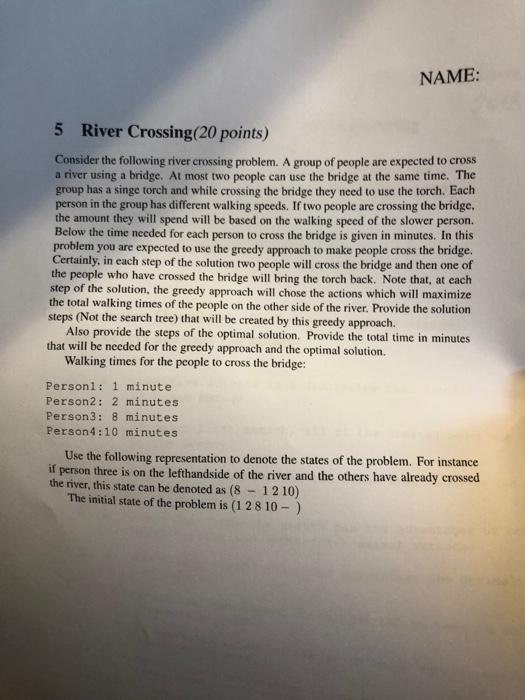 Solved NAME: 5 River Crossing(20 points) Consider the | Chegg.com