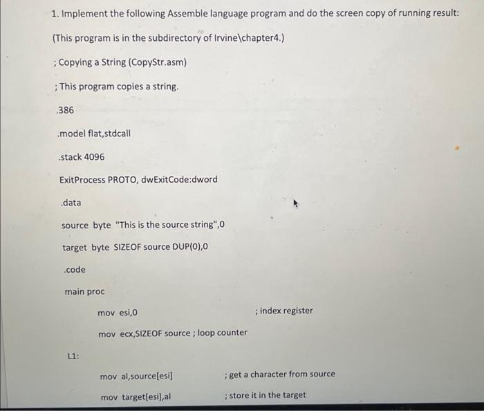 Solved 1. Implement the following Assemble language program | Chegg.com