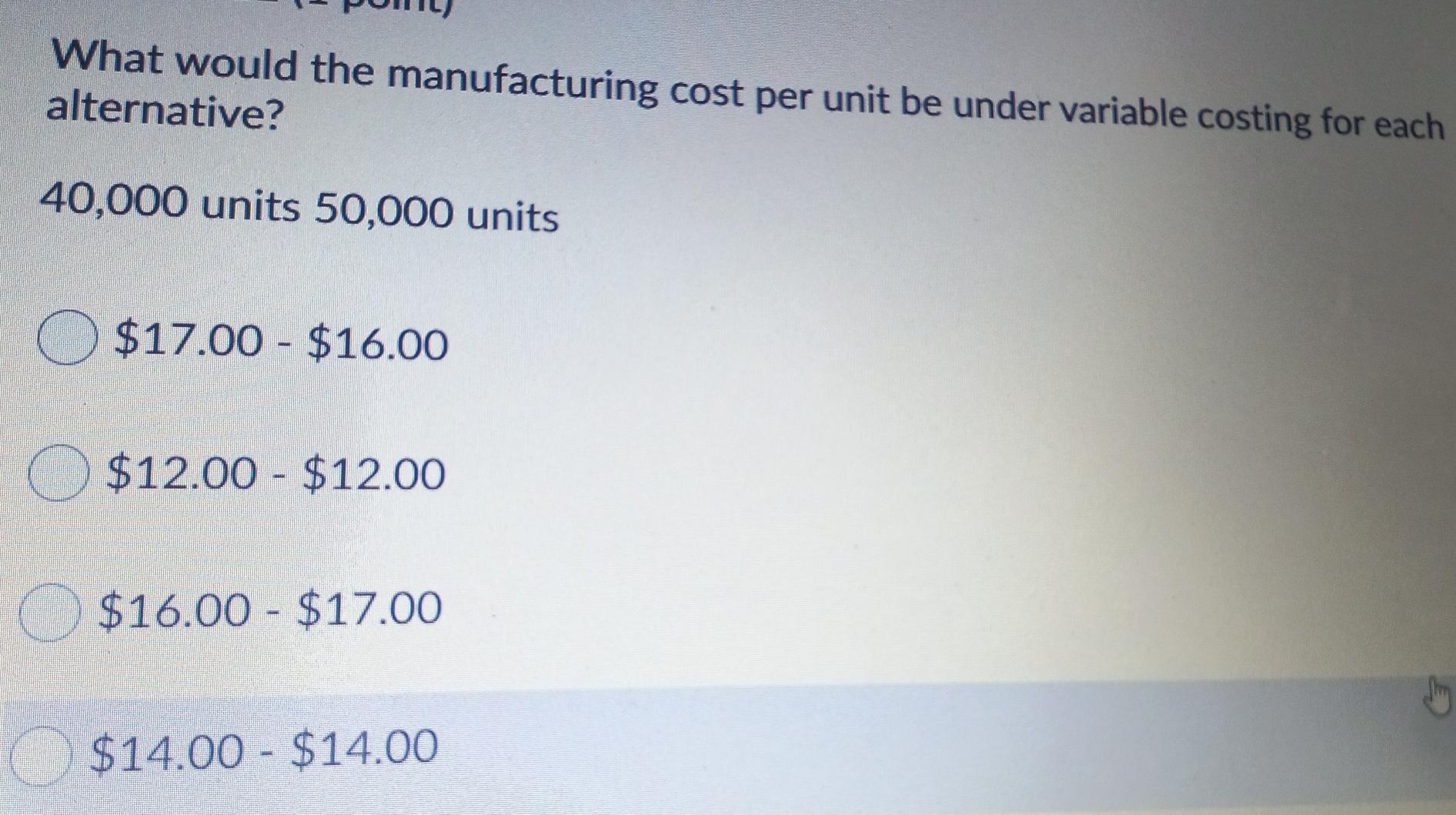 Solved What would the manufacturing cost per unit be under | Chegg.com