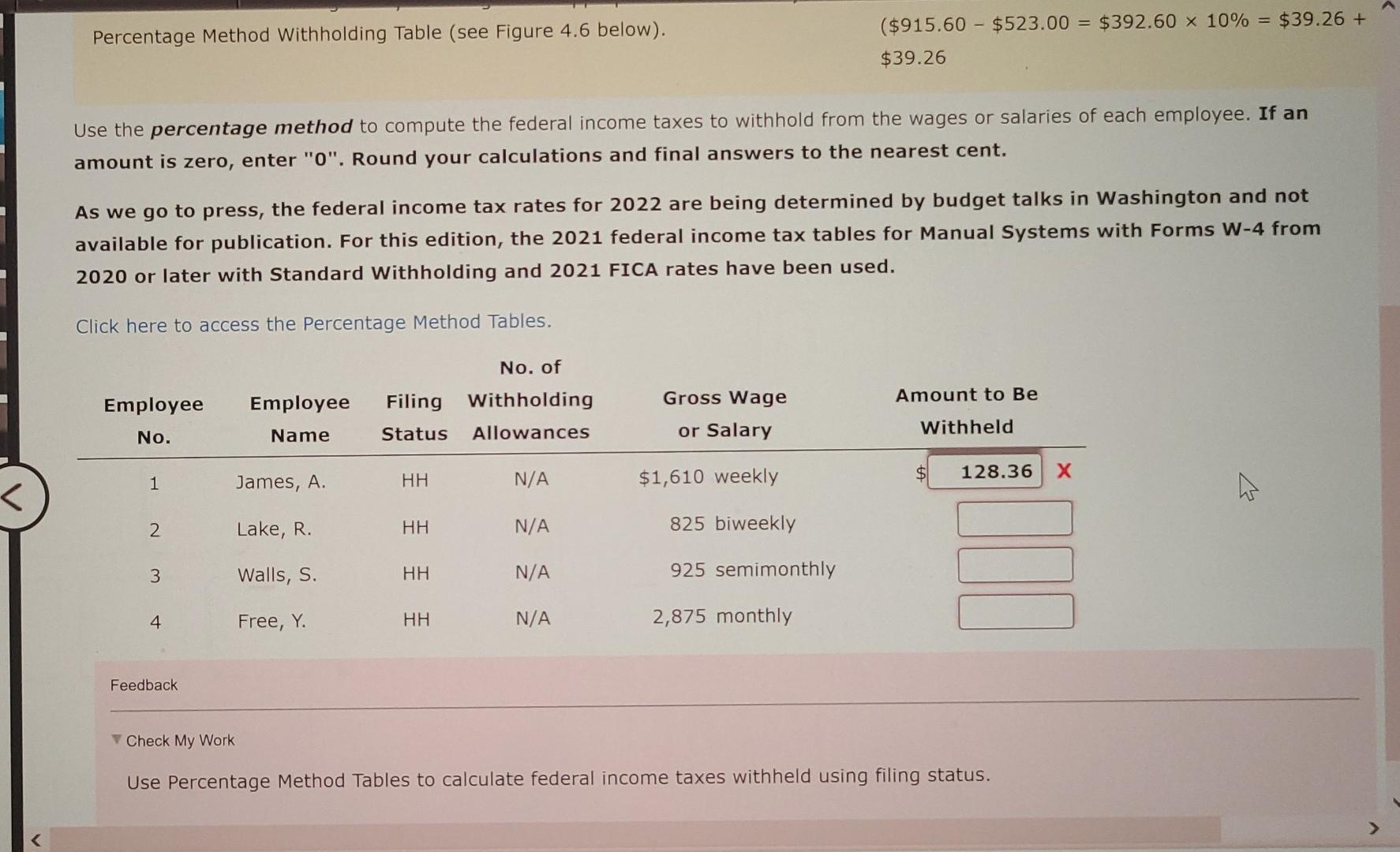 Solved Use the percentage method to compute the federal | Chegg.com