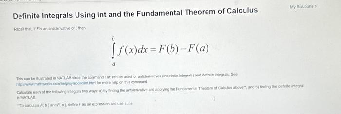 Solved Definite Integrals Using int and the Fundamental | Chegg.com