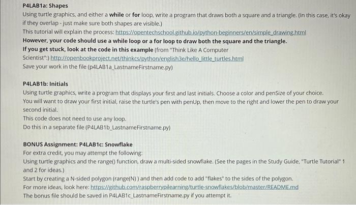 Solved P4LAB1a: Shapes Using turtle graphics, and either a | Chegg.com