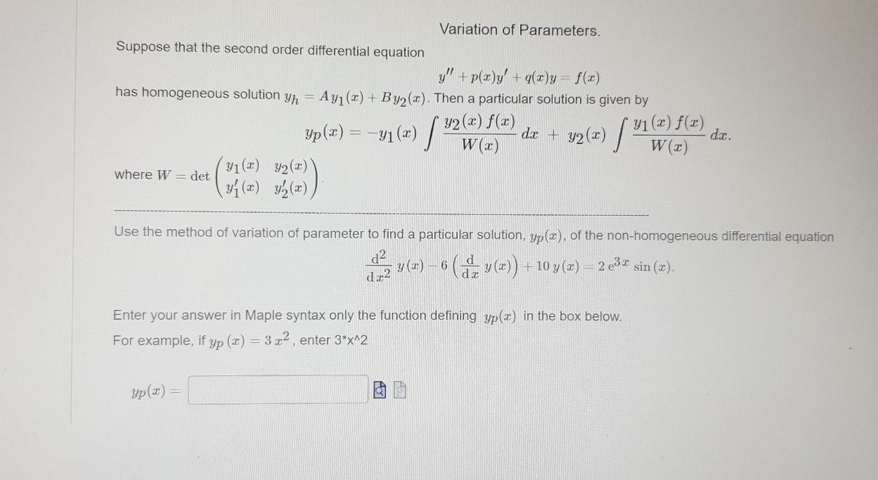 Solved Variation of Parameters. Suppose that the second | Chegg.com
