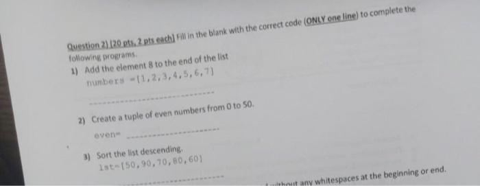 Solved Question 2 20 Pts 2 Pts Each Fill In The Blank 