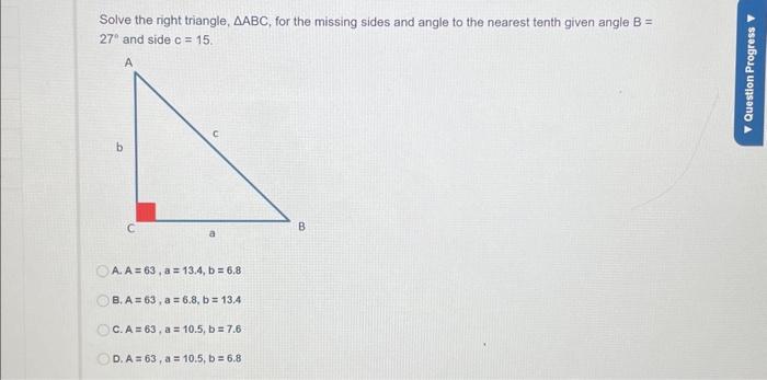 Solved Solve the right triangle, ABC, for the missing sides | Chegg.com