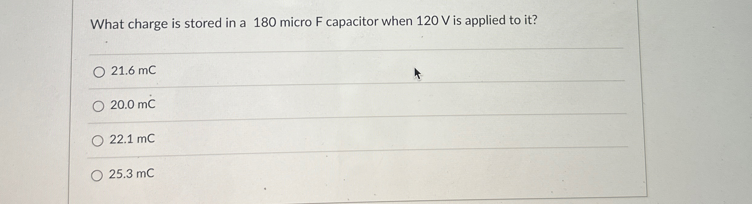 Solved What charge is stored in a 180 ﻿micro F capacitor | Chegg.com