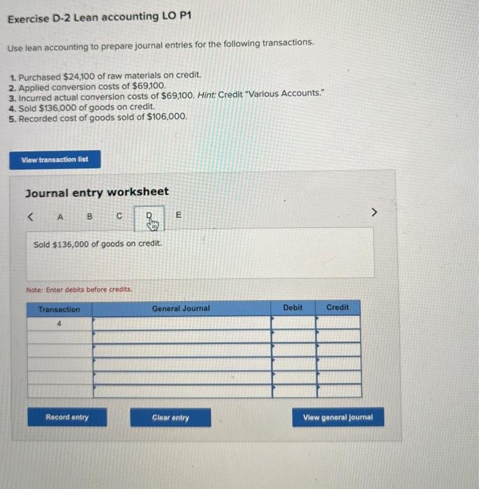 Solved Exercise D-2 Lean accounting LO P1 Use lean | Chegg.com