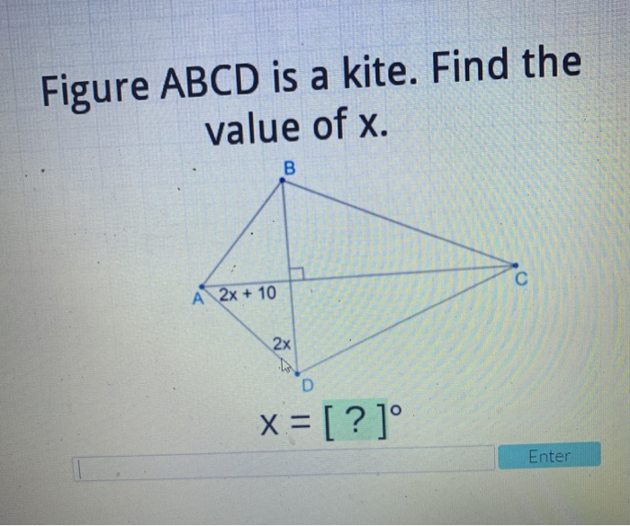 Solved Figure ABCD is a kite. Find the value of x. B С A 2x | Chegg.com