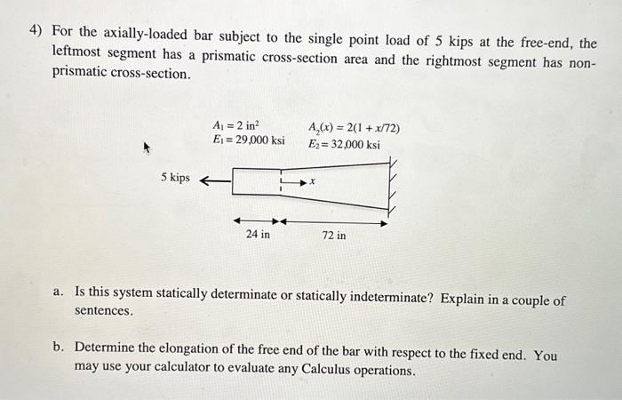 Solved 4) For the axially-loaded bar subject to the single | Chegg.com