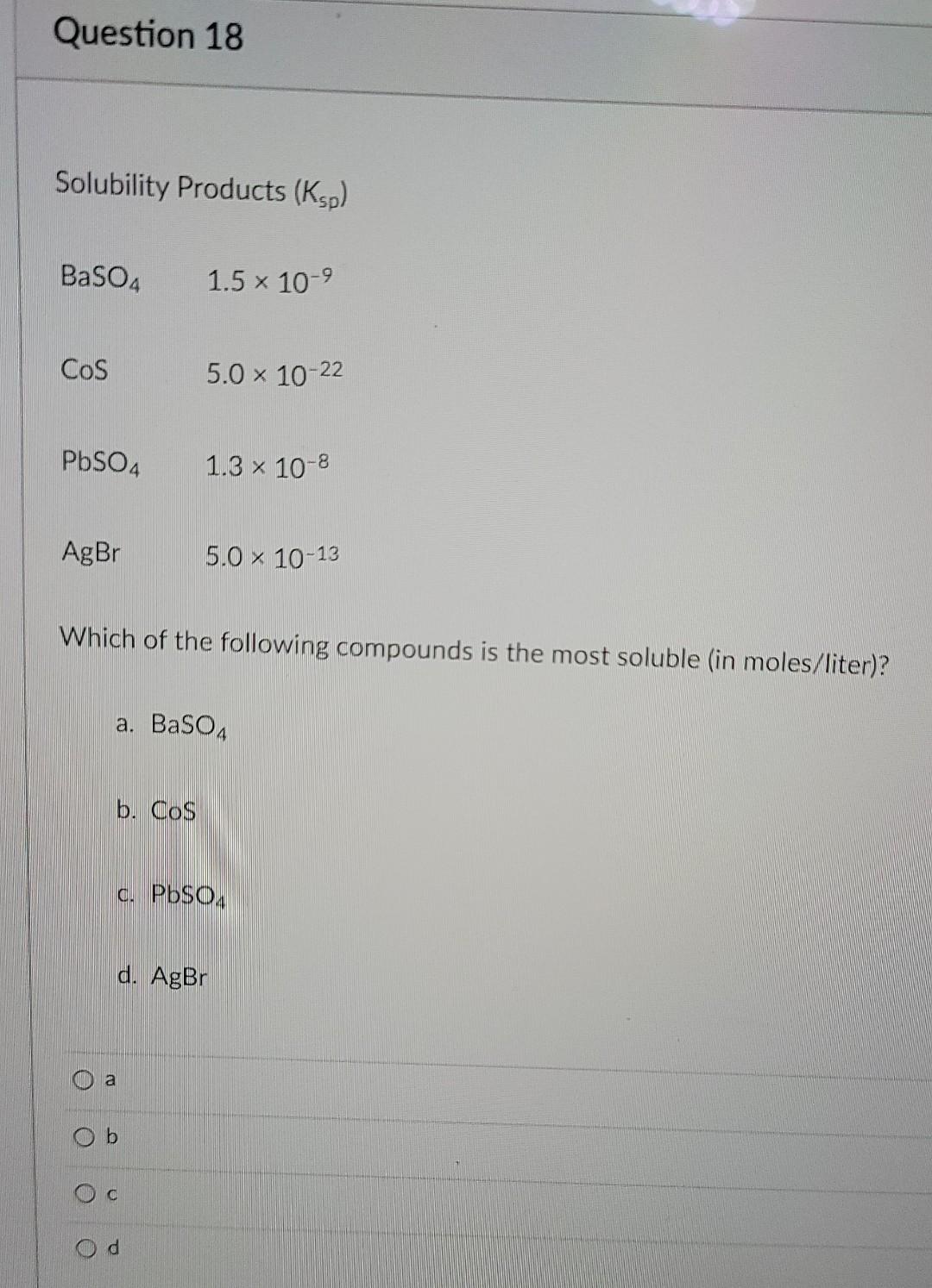 Solved Question 18 Solubility Products (Ksp) BaSO4 1.5 x | Chegg.com