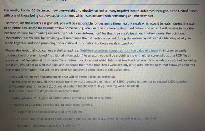 Solved This week, chapter 16 discussed how overweight and | Chegg.com