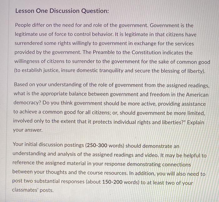 Solved Lesson One Discussion Question: People differ on the | Chegg.com