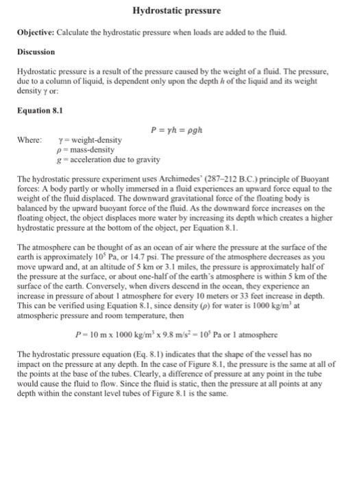 Solved Hydrostatic pressure Objective: Calculate the | Chegg.com