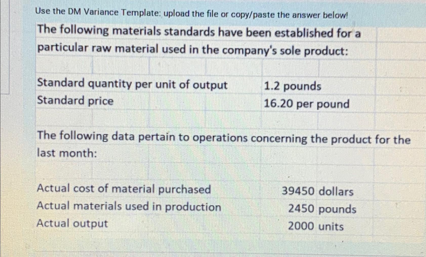 Solved Use the DM Variance Template: upload the file or | Chegg.com