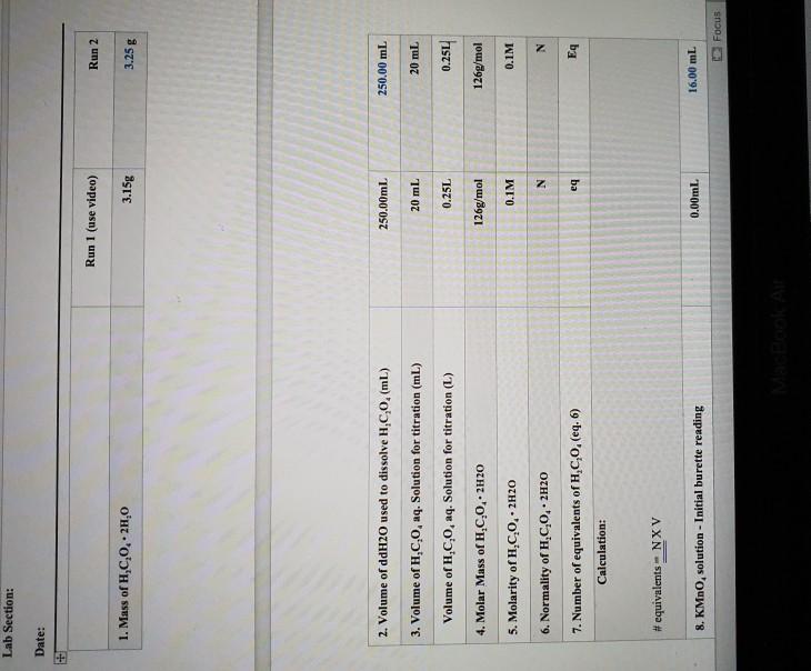 Solved Lab Section: Date: Run 1 (use video) Run 2 1. Mass of | Chegg.com