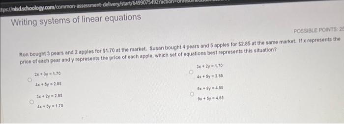 Solved Ron bought 3 pears and 2 apples for $1.70 at the | Chegg.com