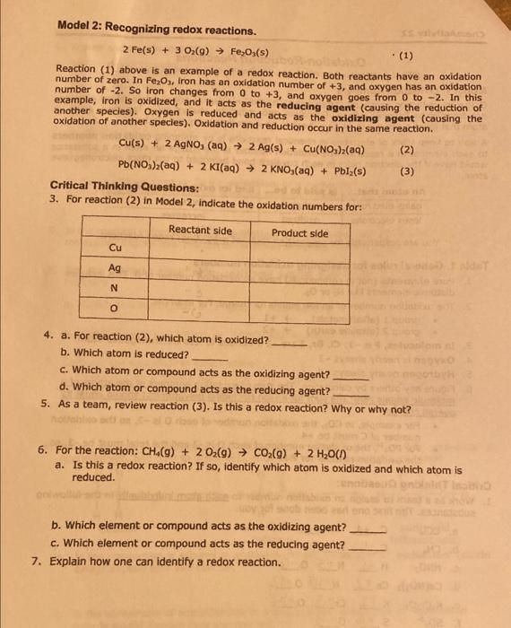 Solved Model 2: Recognizing redox reactions. 2Fe(s)+3O2( | Chegg.com