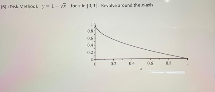 Solved (6) (Disk Method). y = 1 - Vx for x in [0,1]. Revolve | Chegg.com