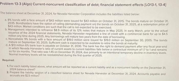 Solved Problem 13-3 (Algo) Current-noncurrent classification | Chegg.com