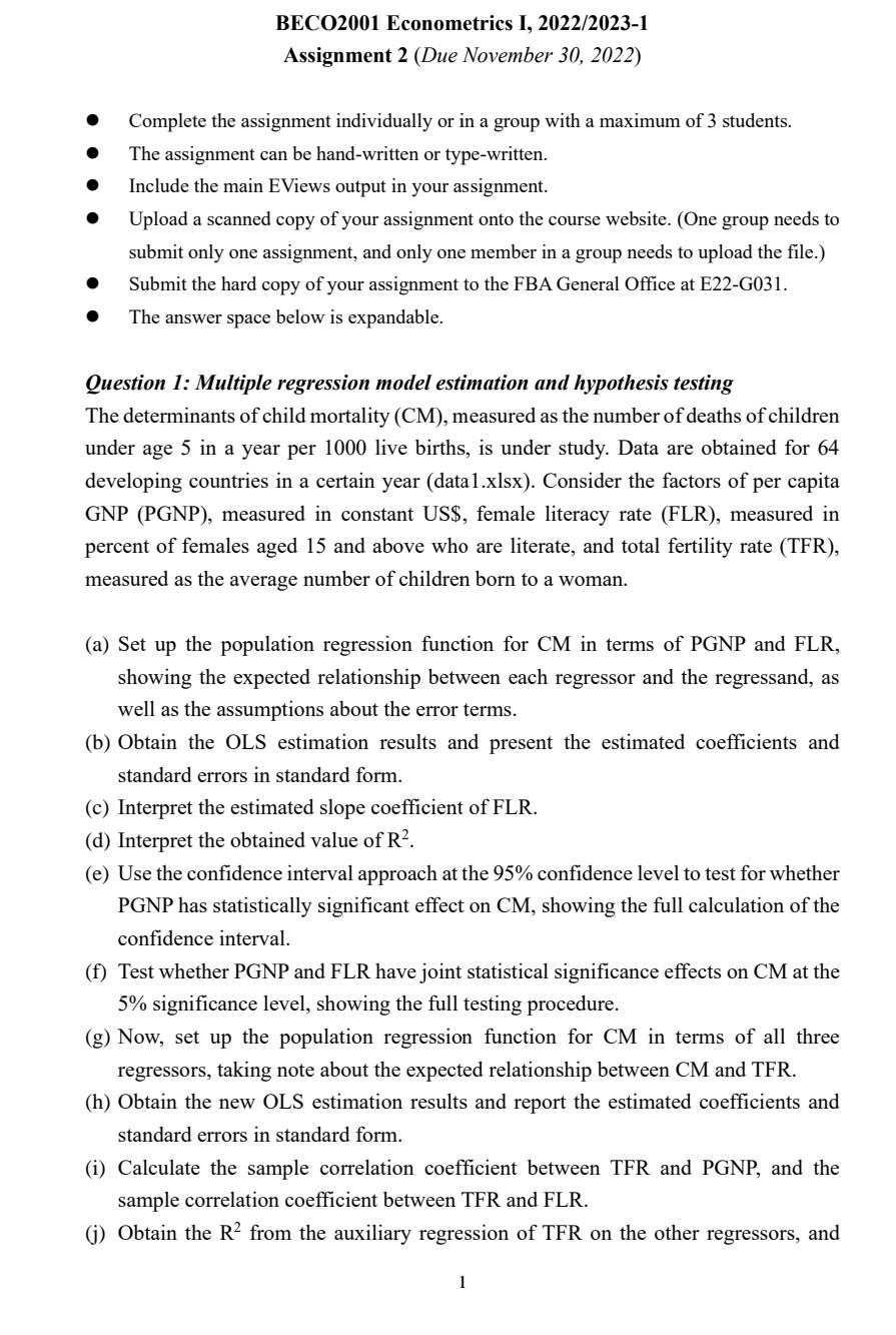 BECO2001 Econometrics I, 2022/2023-1 Assignment 2 | Chegg.com