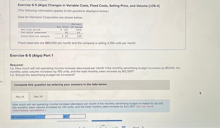 Solved Exercise 6-5 (Algo) Changes in Variable Costs, Fixed | Chegg.com
